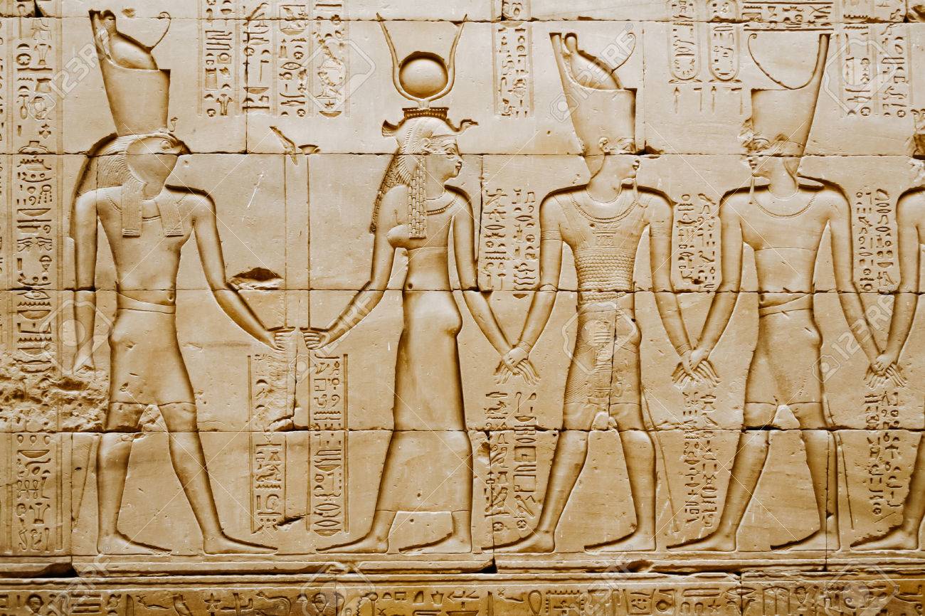 Reliefs of Egyptian hieroglyphs on wall at Horus Temple. Edfu. E ...